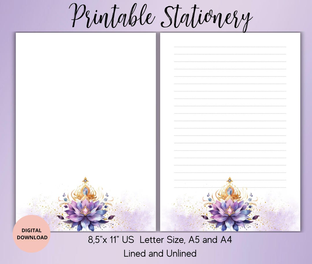 Watercolor Lotus Printable Stationery-flower Writing Paper Lined ...