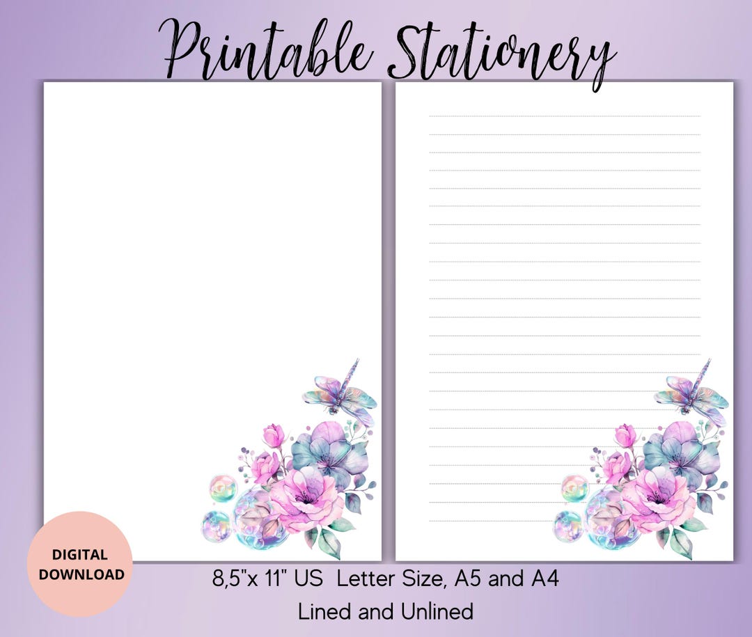 Flower and Dragonfly Printable Stationery-flowerstationary-botanical ...