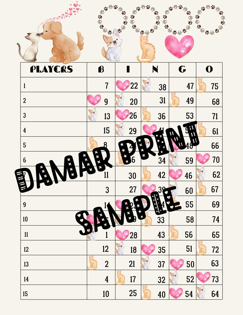 Cat & Dog Bingo Boards Printable-bingo Boards -1-15 Lines- Straight ...