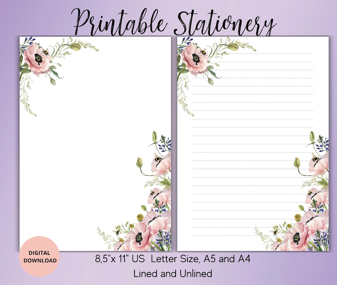 Poppies Printable Stationery-flower Writing Paper Set Unlined Lined A5 ...