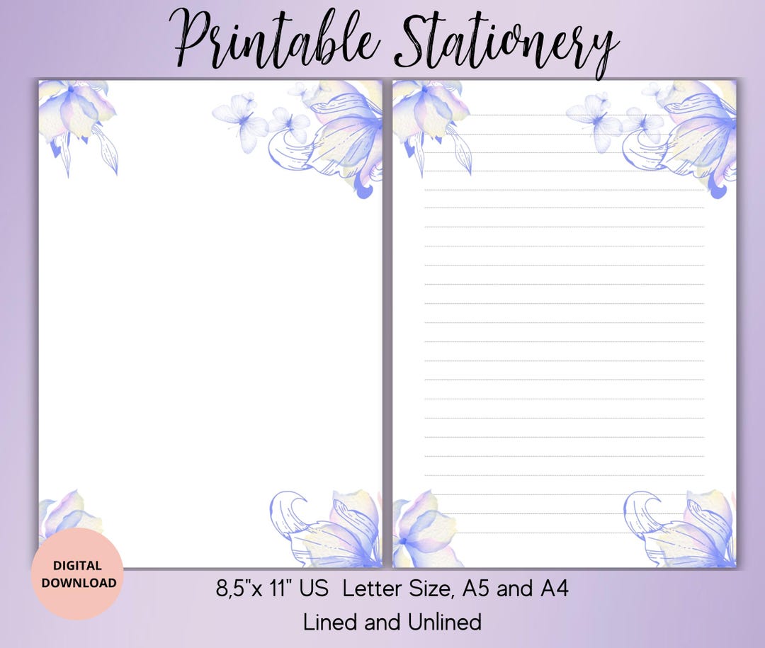 Watercolor Purple Flower Printable Stationery Set-purple Flower Writing ...