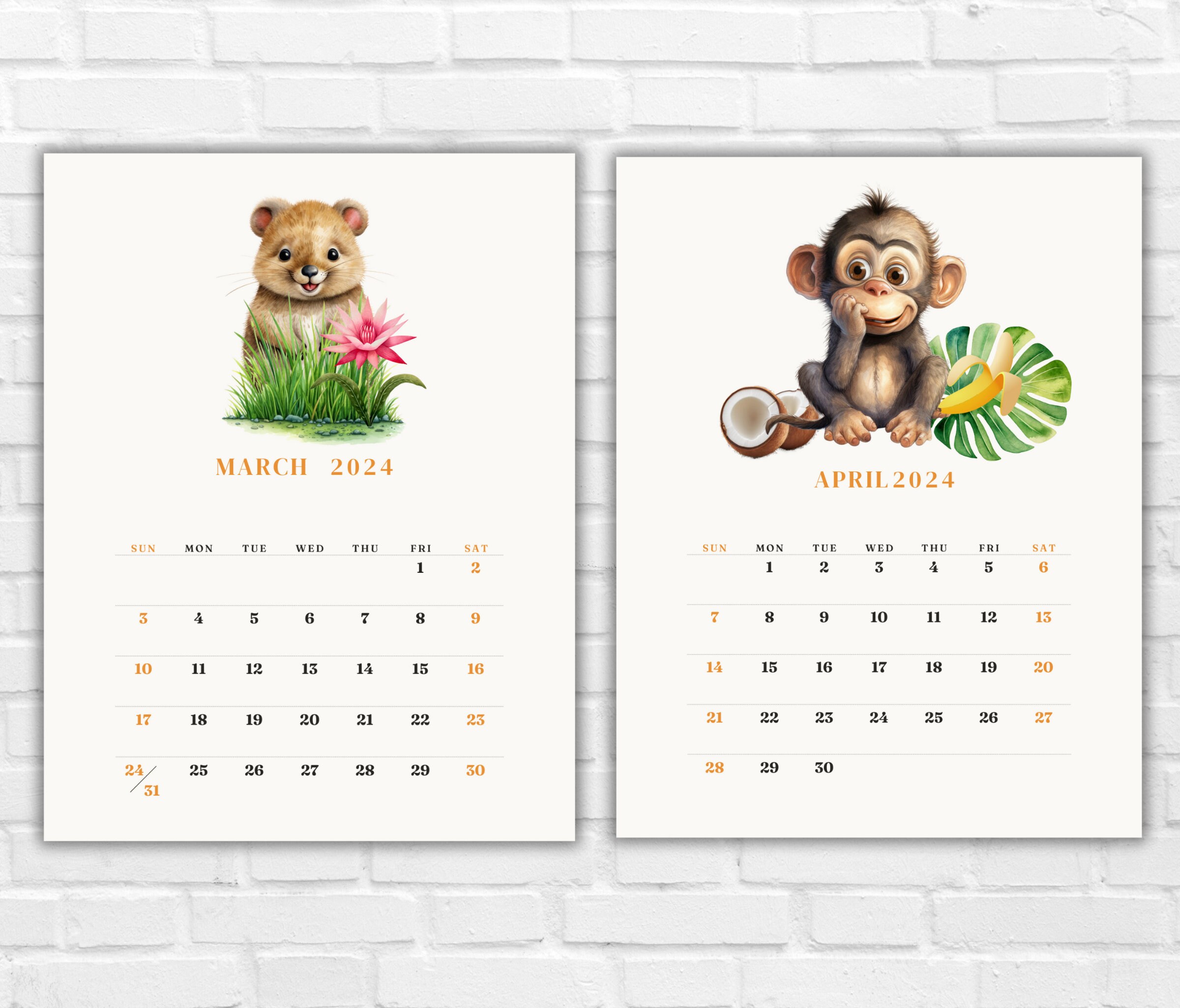 Safari Animal Printable 2024 Calendar-cute Kids School Homeschool ...