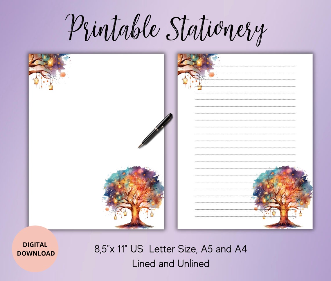 Autumn Tree Printable Stationary-watercolor Tree Digital Letter-tree ...