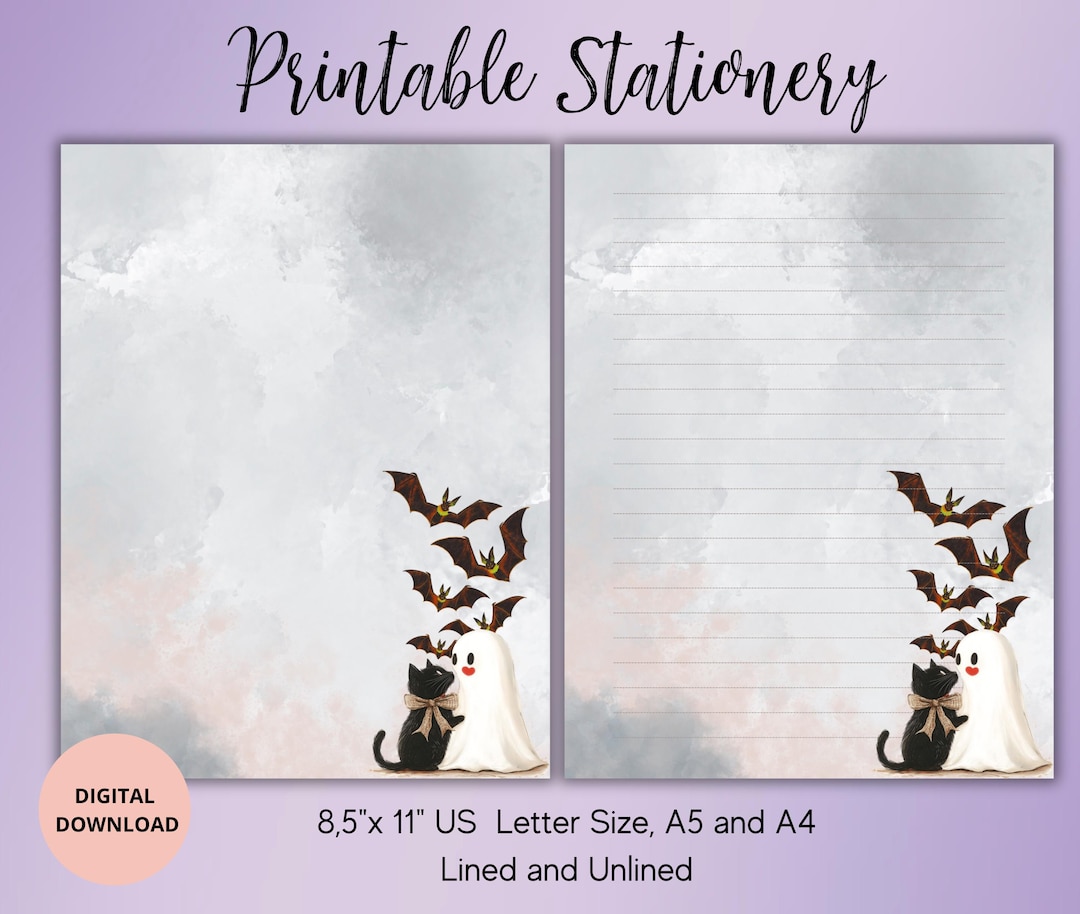 Ghost Cat and Bats Writing Paper Set Unlined Lined A5/A4/US Letter ...