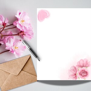 Watercolor Pink Flower Printable Stationery-hearts Love Letter Set ...