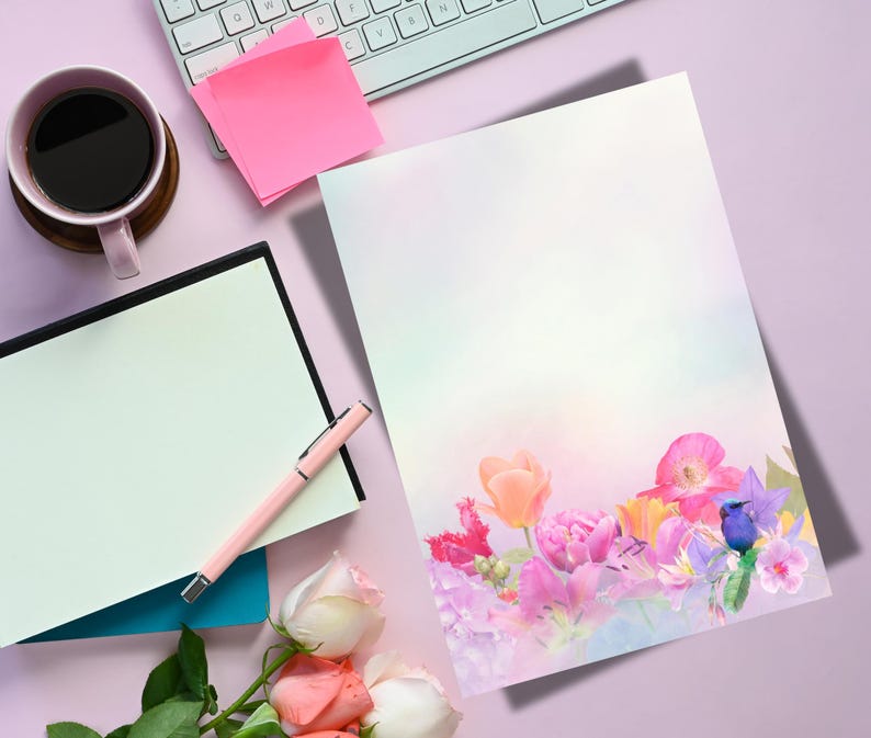 Spring Flowers With Birds Printable Stationery-tulip Writing Paper Set ...