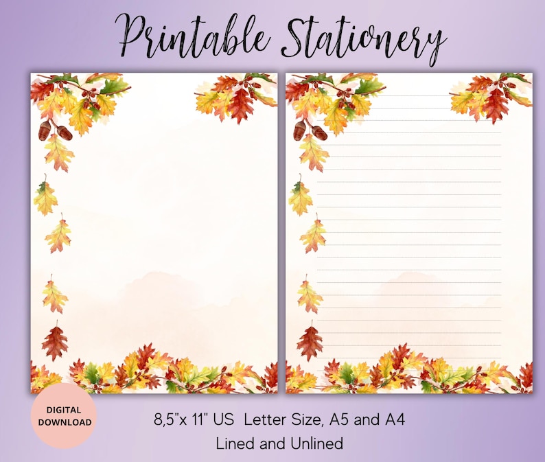 Autumn Printable Stationery,fall Leaves Digital Letter,stationary ...
