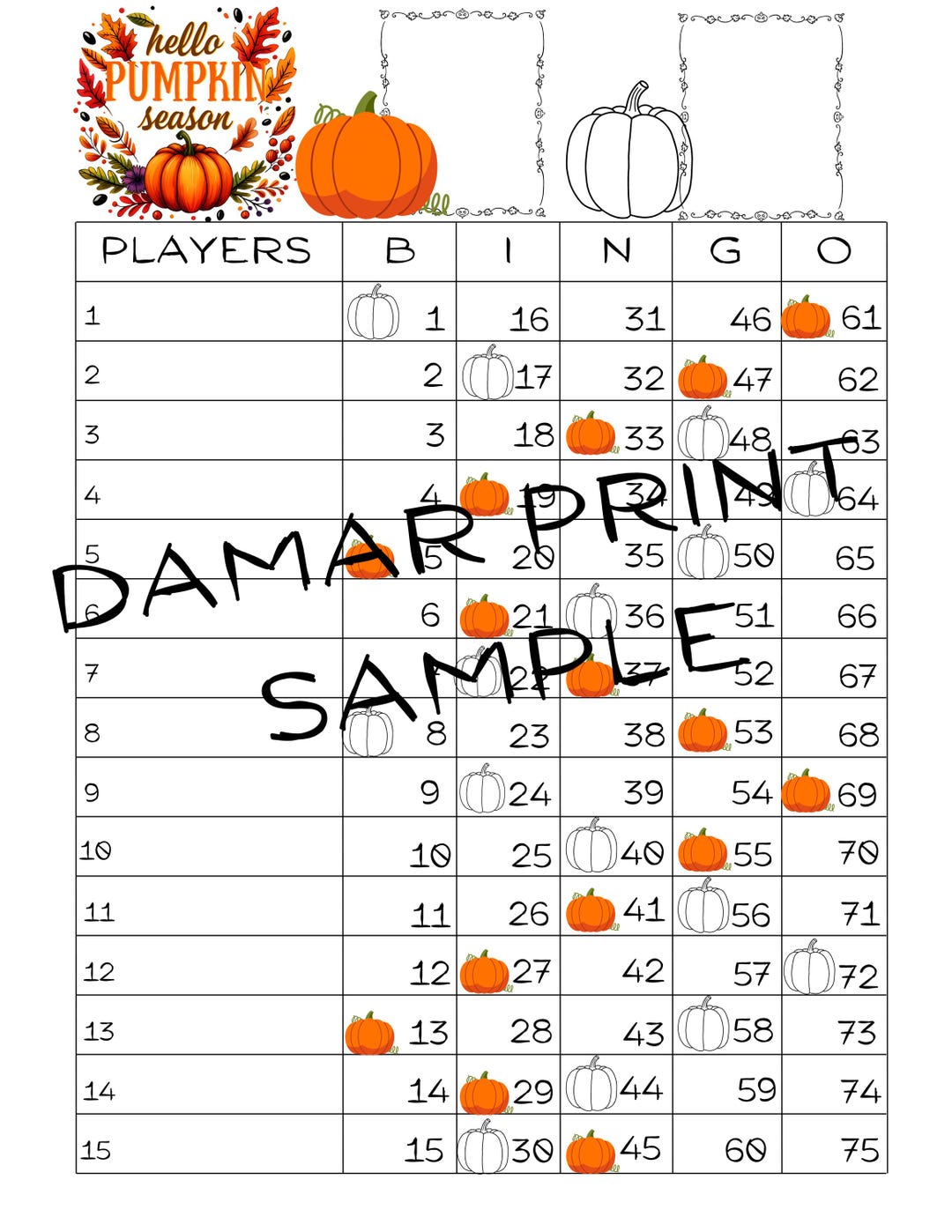 Pumpkin Bingo Boards - Instant Download -printable Bingo Boards - 1-15 ...