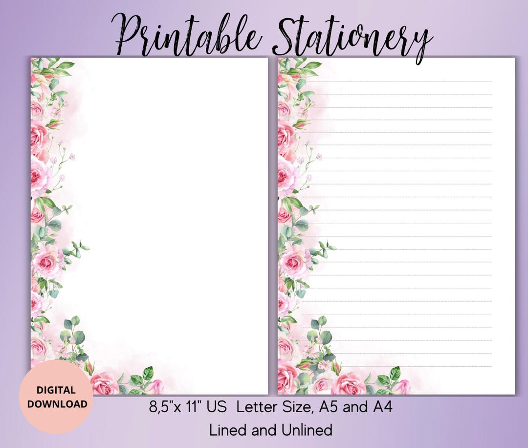 Pink Roses Printable Stationery-flower Writing Paper Unlined Lined A5 ...