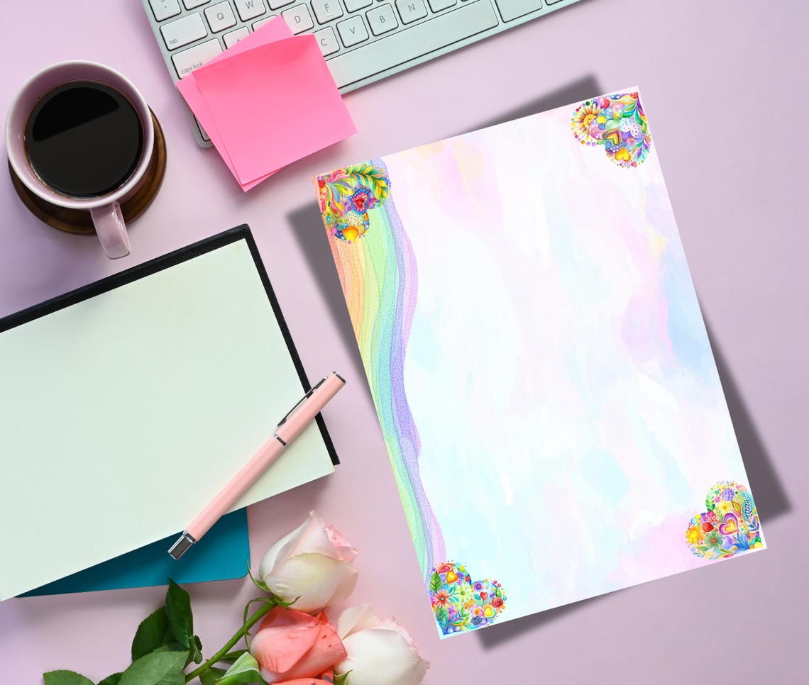 Watercolor Rainbow Hearts Printable Stationery-hearts Printable Writing ...