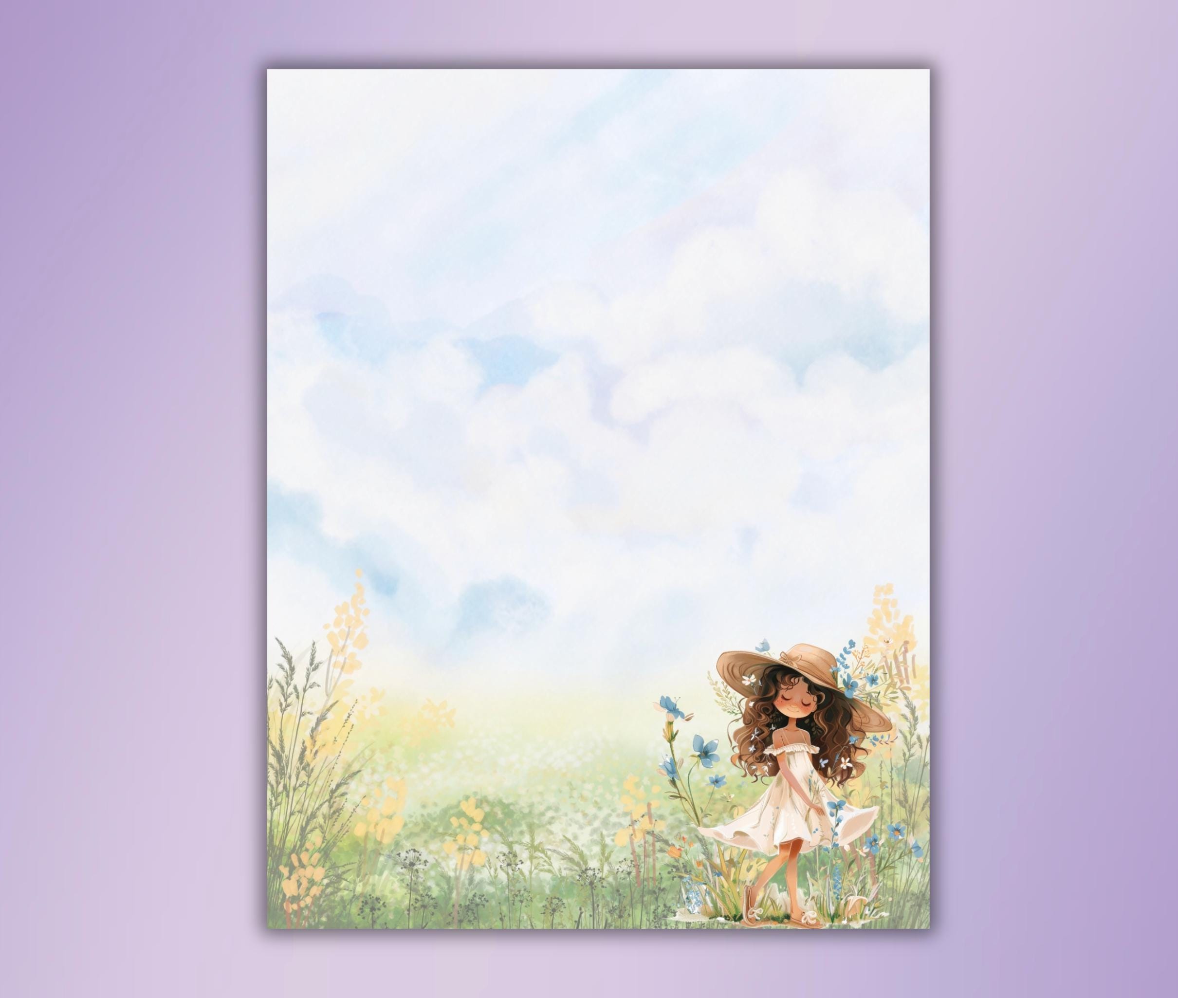 Girl With Flower Printable Stationery-watercolor Summer Writing Paper ...