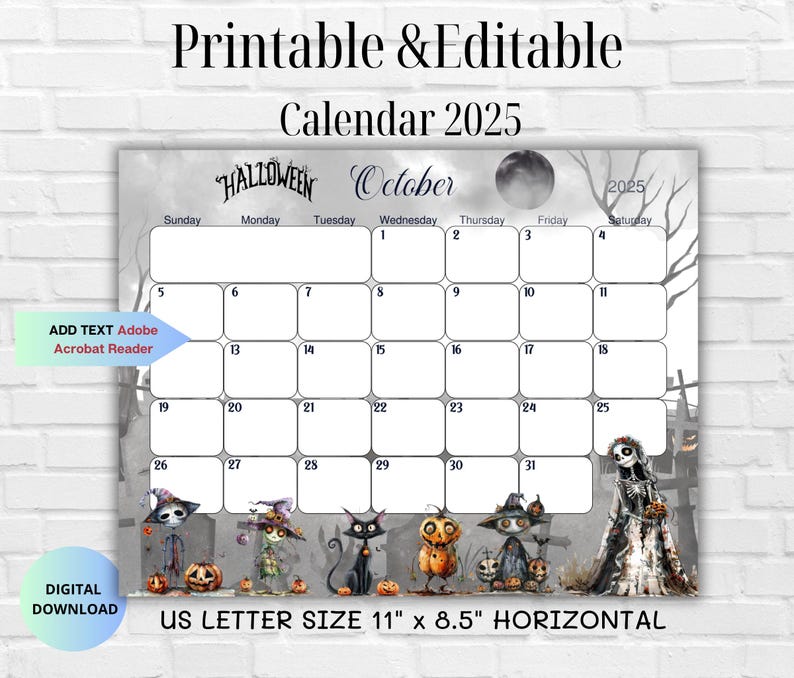 EDITABLE October 2025 Calendar-cute Spooky Halloween 2025 Planner-witch ...