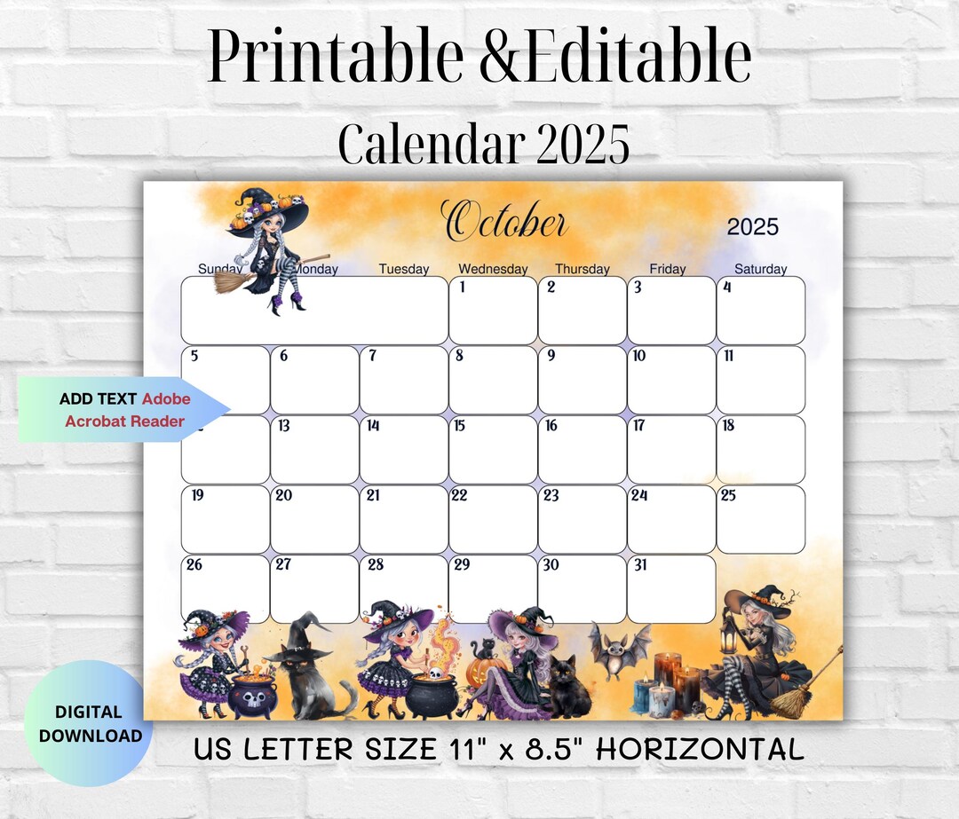 EDITABLE October 2025 Calendar-cute Spooky Witch Halloween 2025 Planner ...