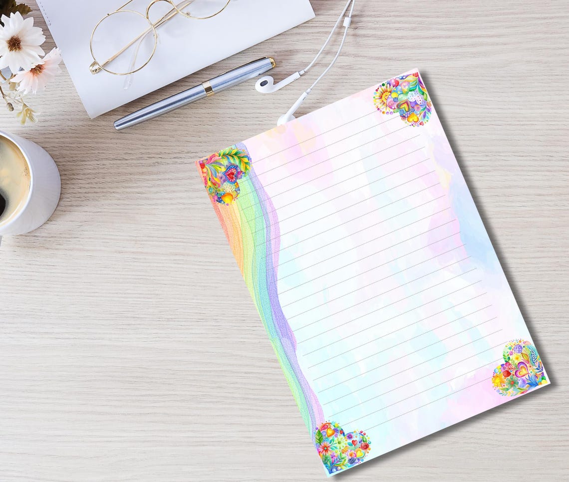 Watercolor Rainbow Hearts Printable Stationery-hearts Printable Writing ...