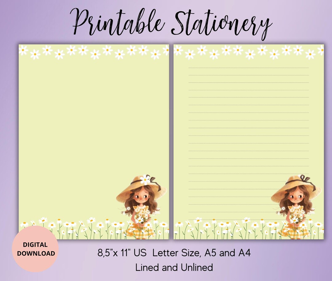 Girl With Daisy Printable Stationery-summer Writing Paper Set Unlined ...