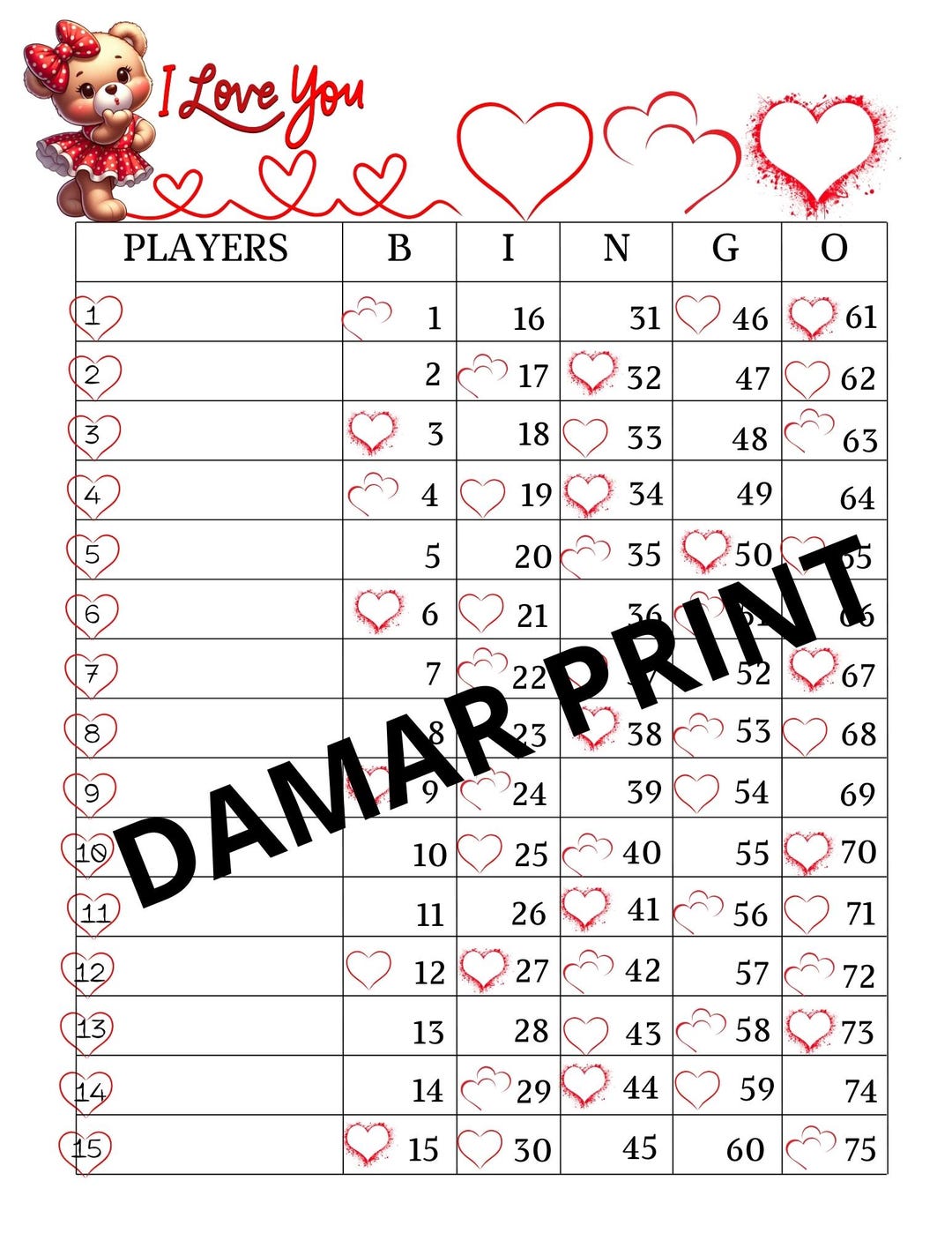 Valentine's Day Love Bingo Boards Set -1-15 Lines, Straight, Mixed - 75 ...