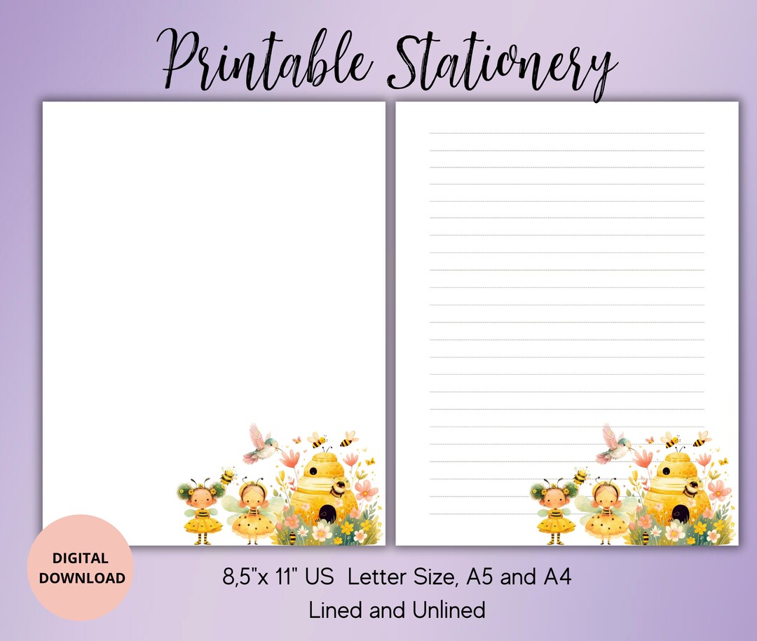 Bee and Girls Writing Paper Set A5/A4/US Letter-bee Printable ...
