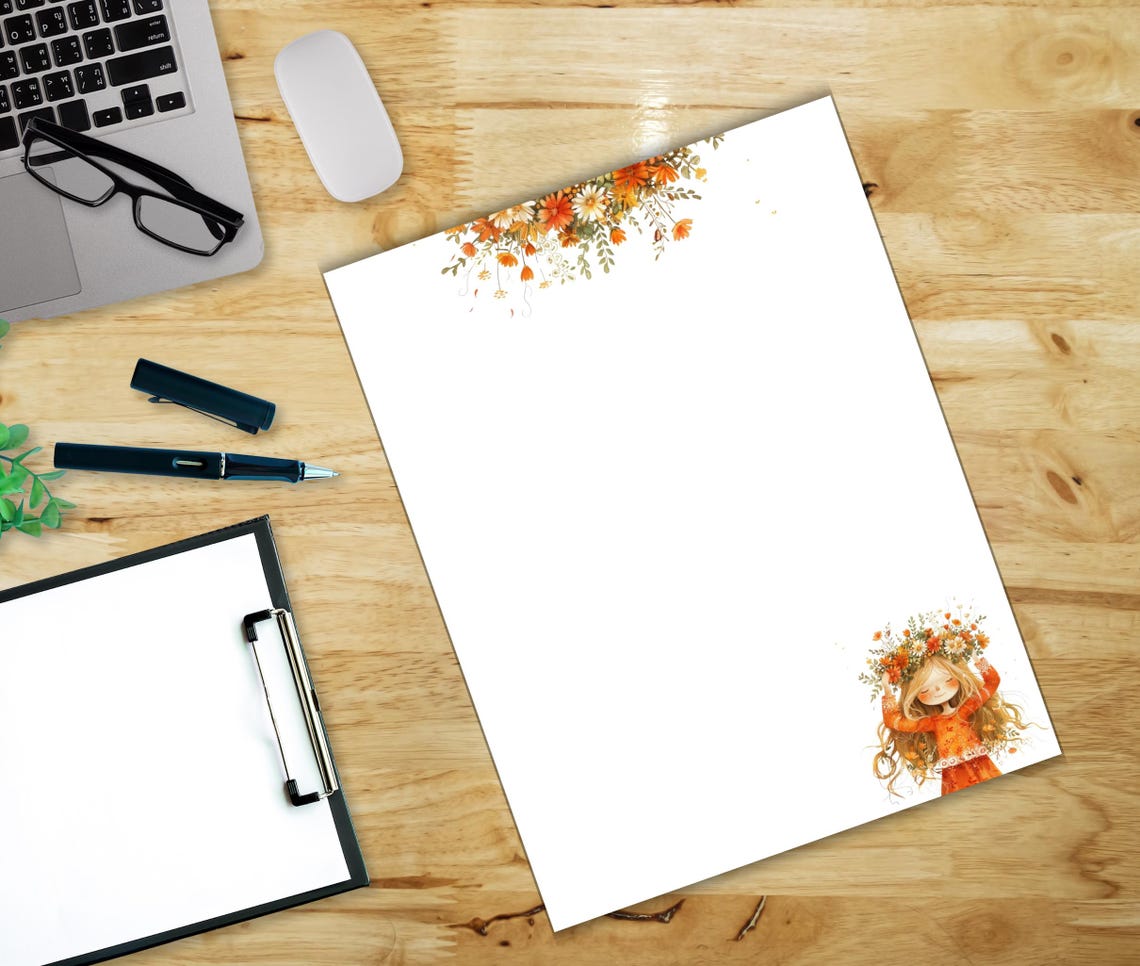 Girl With Flower Printable Stationery-cure Girl Writing Paper Set ...