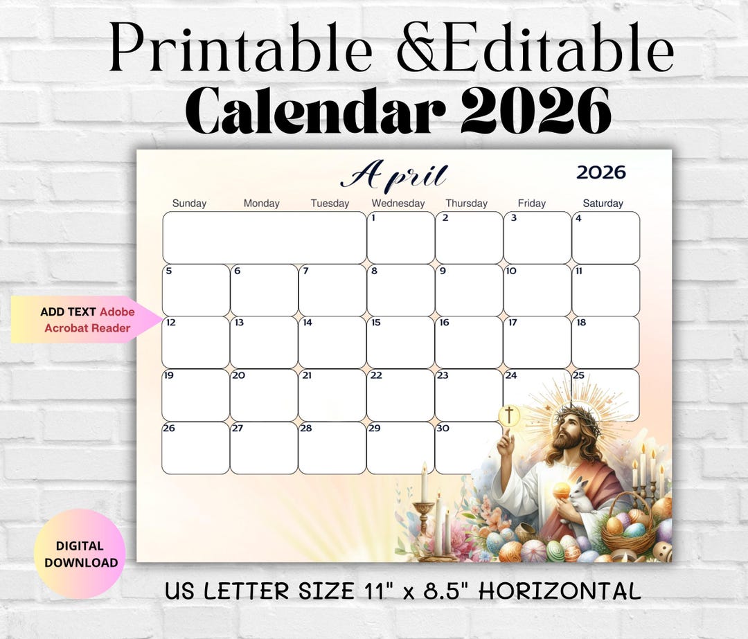 Christian Easter Editable Calnendar-april 2026 Fillable Monthly Planner ...