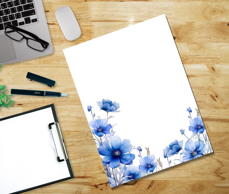 Blue Flower Printable Stationery-watercolor Flower Stationary-digital ...