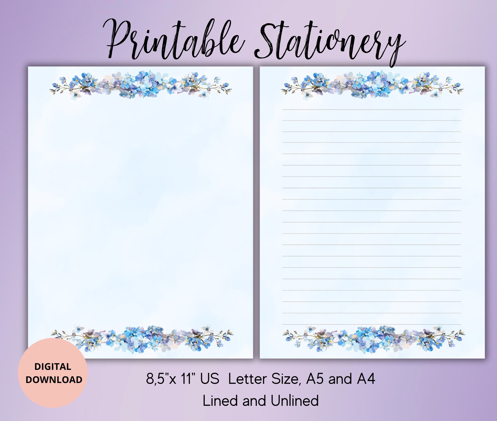 Blue Flower Printable Stationery-watercolor Flower Stationary-digital ...