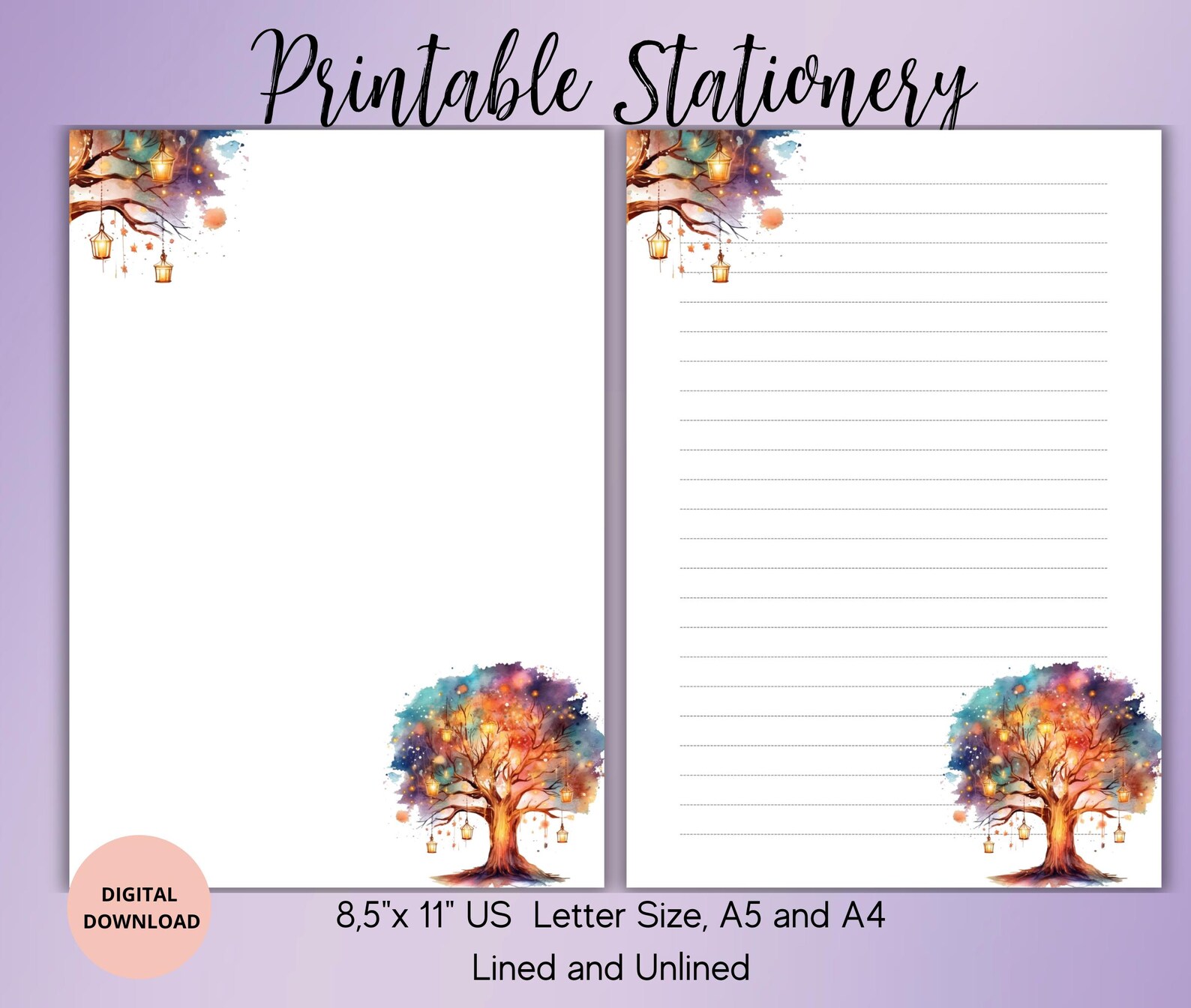 Autumn Tree Printable Stationary-watercolor Tree Digital Letter-tree ...
