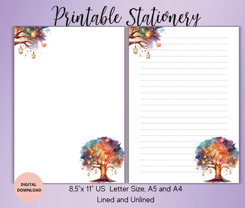 Autumn Tree Printable Stationary-watercolor Tree Digital Letter-tree ...