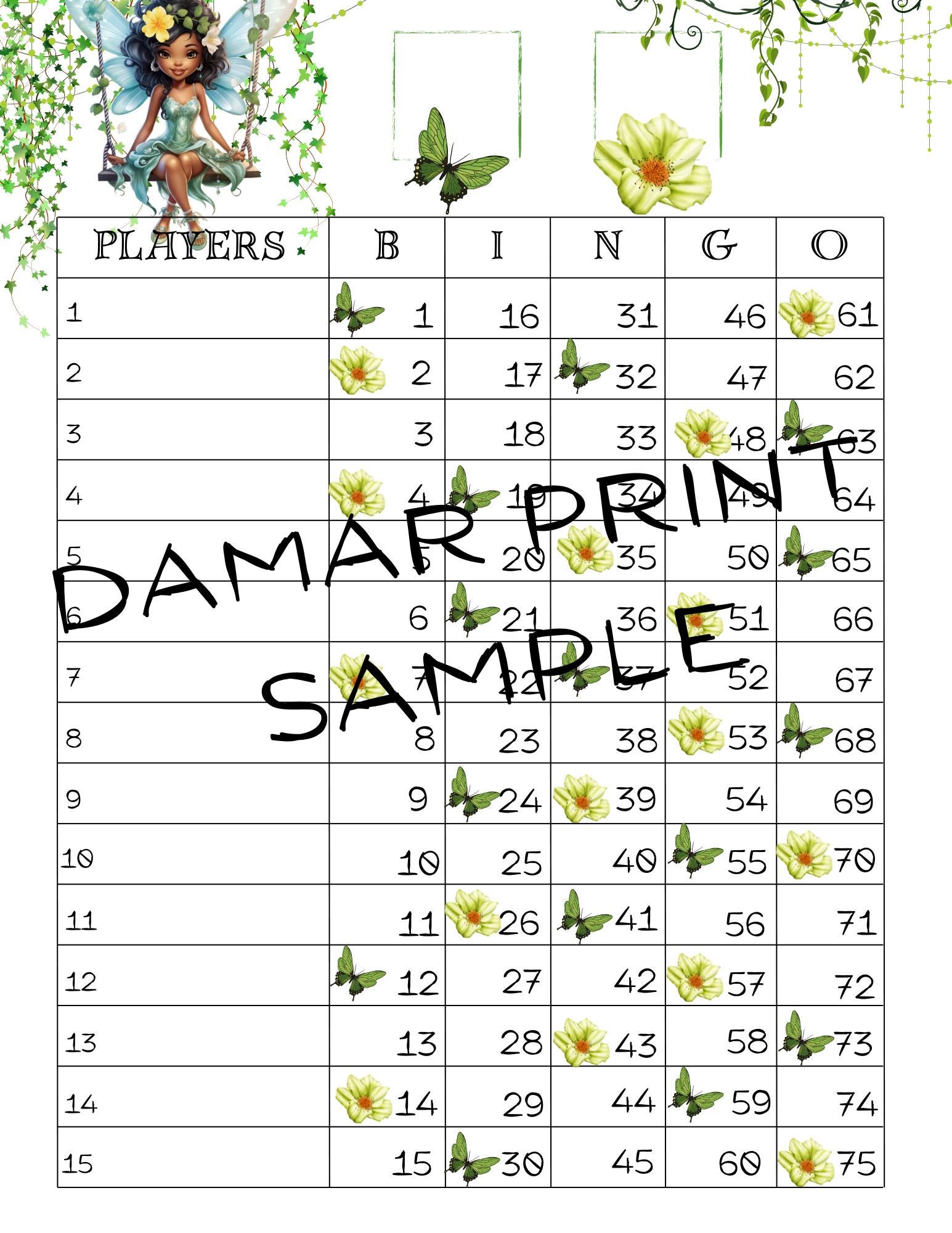 Fairy Bingo Boards - Instant Download -printable Bingo Boards - 1-15 ...