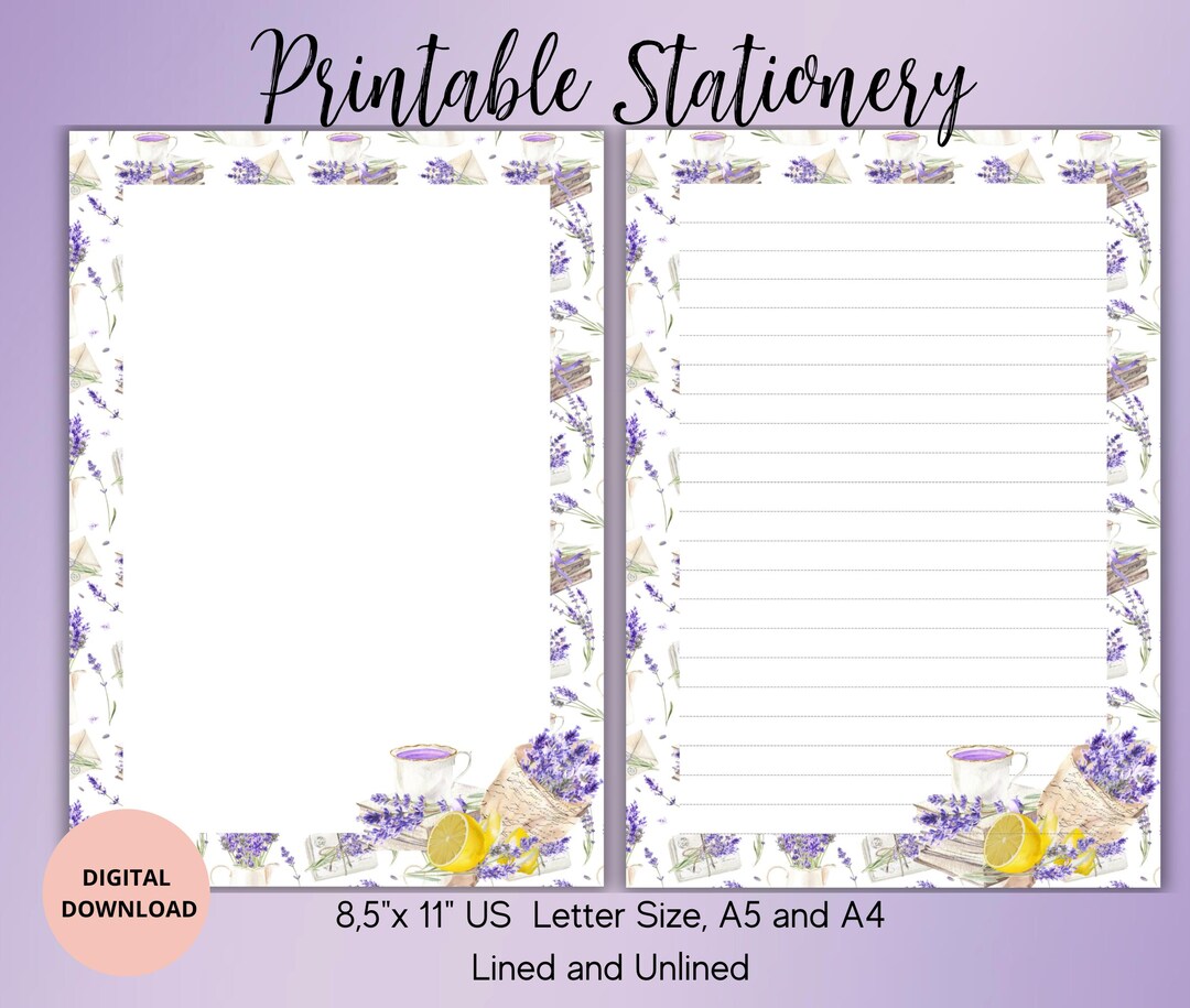 Lavender Printable Stationery-flower Penpal Supplies-floral Writing ...