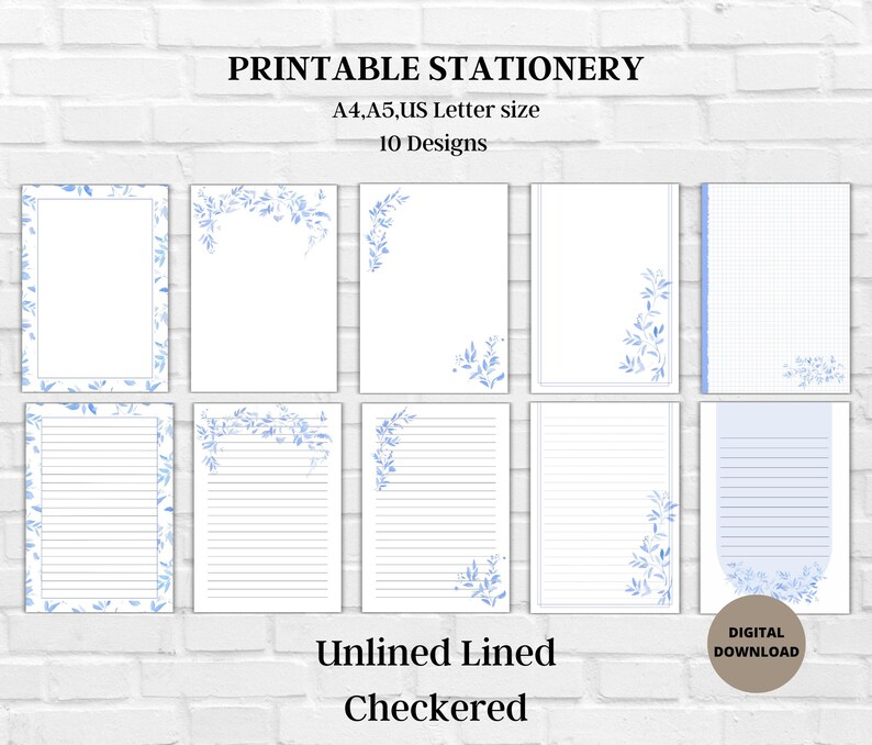 Flower Printable Writing Paper Bundle-blue Floral Stationary ...