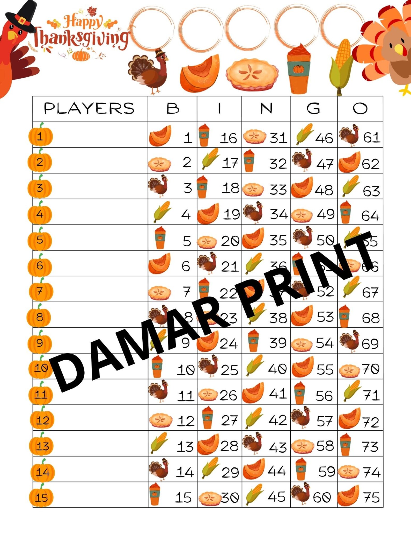 Thanksgiving Bingo Boards Printable-bingo Boards 1-15 Lines straight ...