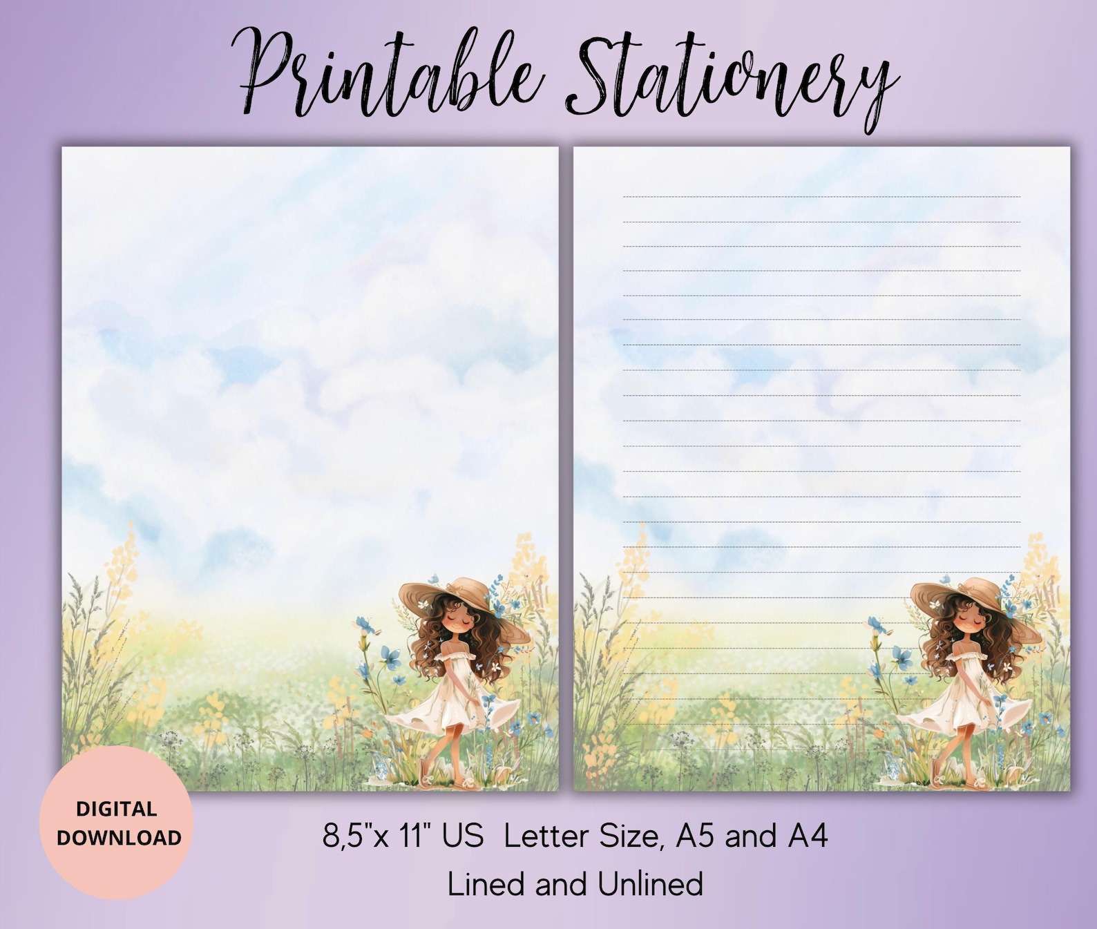 Girl With Flower Printable Stationery-watercolor Summer Writing Paper ...