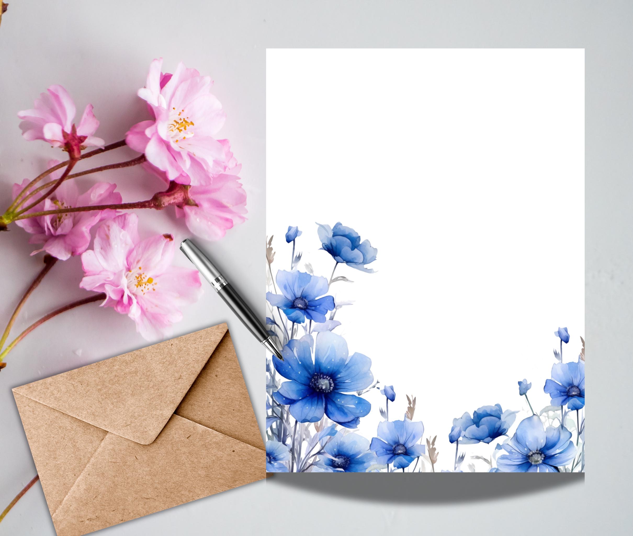 Blue Flower Printable Stationery-watercolor Flower Stationary-digital ...