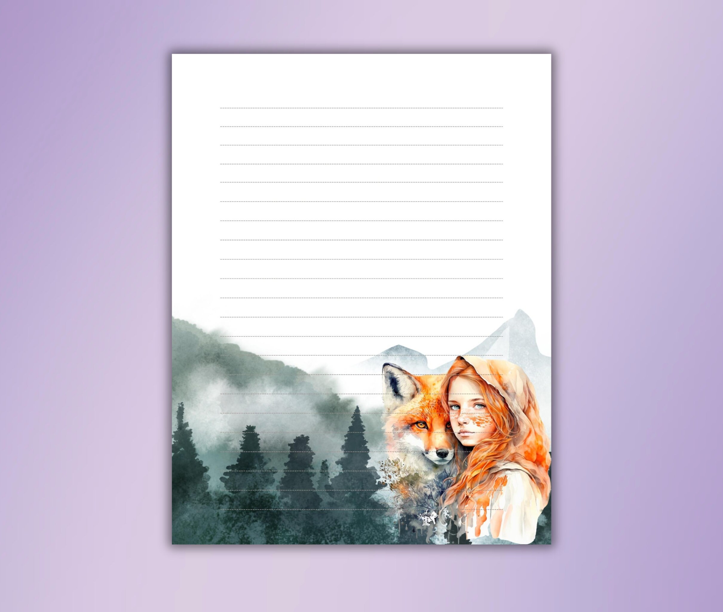 Printable Stationary Girl With Fox Watercolor Trees Printable ...