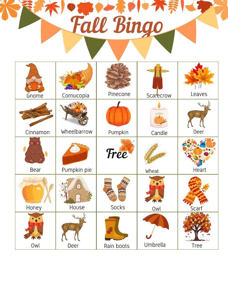 Fall Bingo,printable 50 Unique Bingo Cards,classroom Game,autumn Bingo ...
