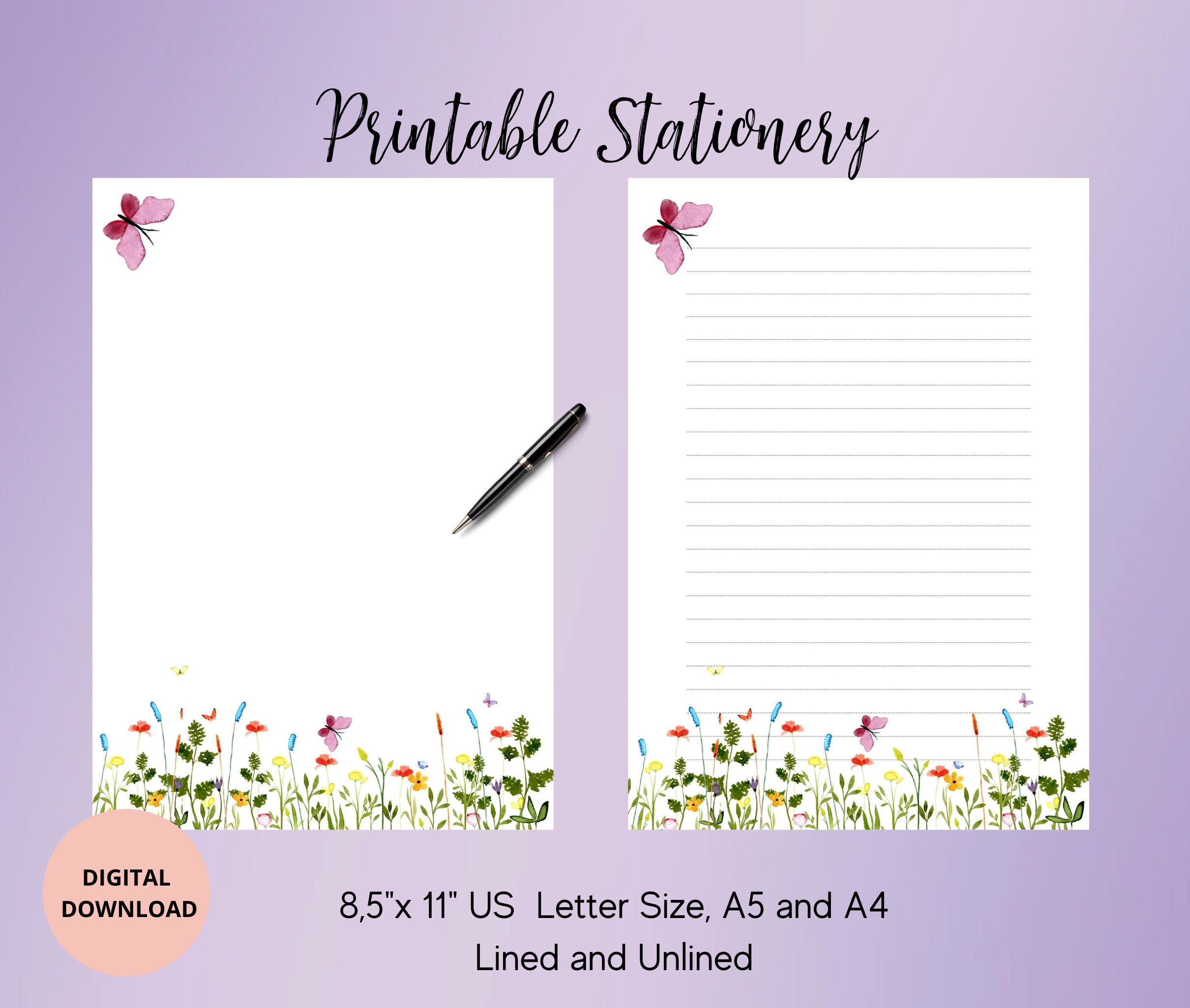 Flower With Butterfly Printable Stationery-wildflower Stationery-floral ...