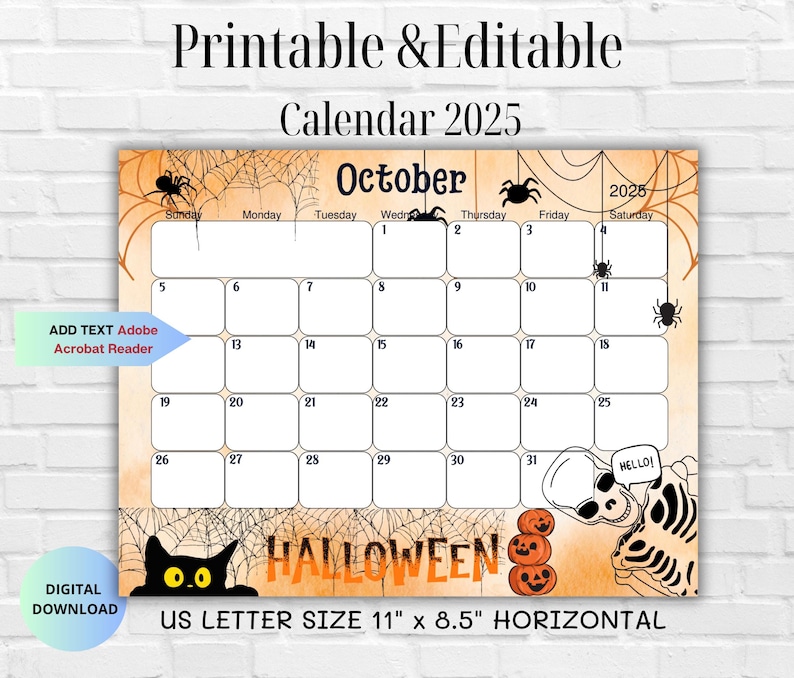 Editable Printable October 2025 Calendar-cute Spooky Halloween 2025 ...