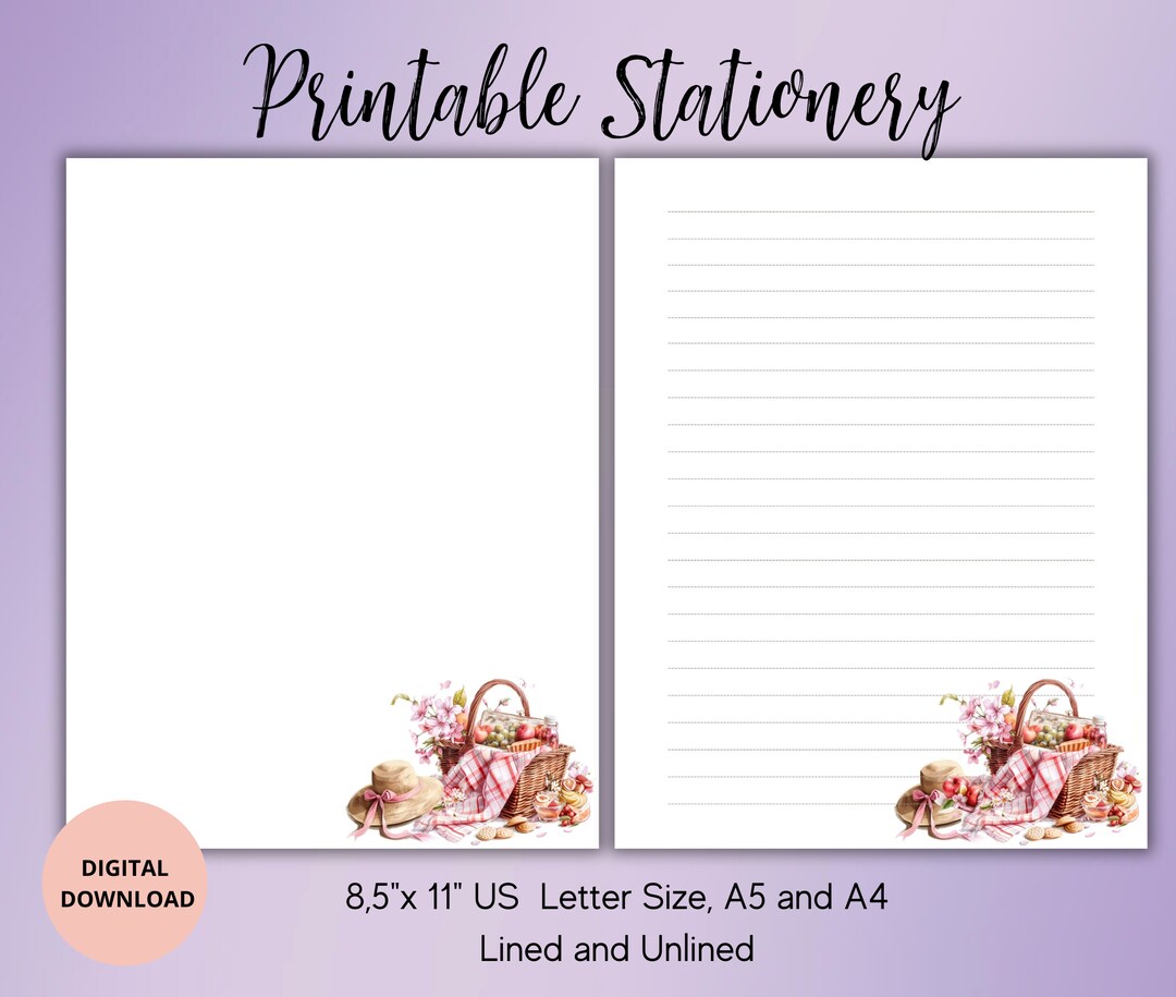 Picnic Printable Writing Paper Set A5/A4/US Letter Lined Unlined ...