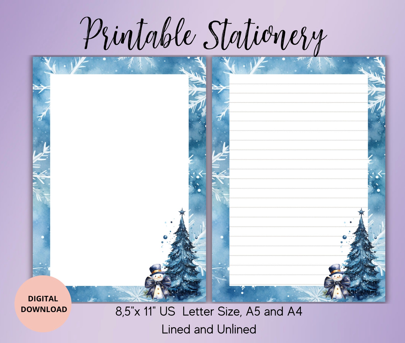 Blue Winter Printable Stationery-christmas Tree Snowman Writing Paper ...