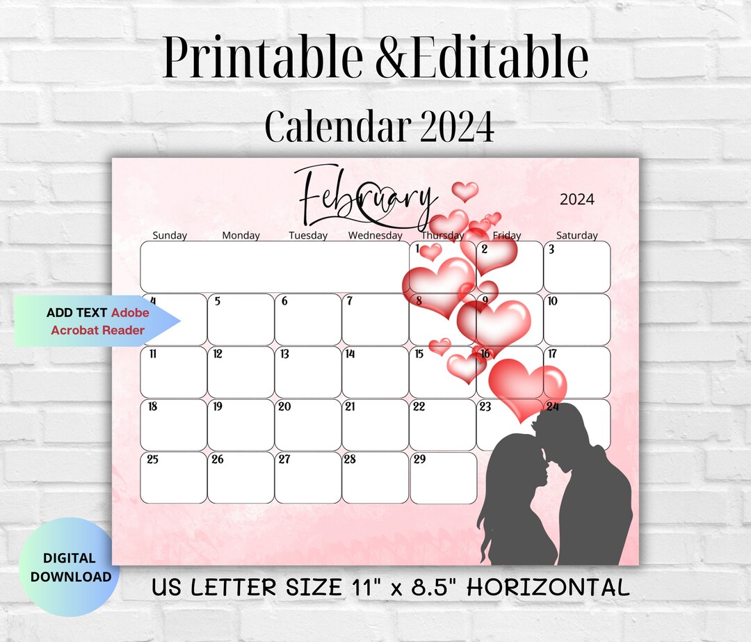 Editable February 2024 Calendar-lovers Printable Fillable Calendar ...