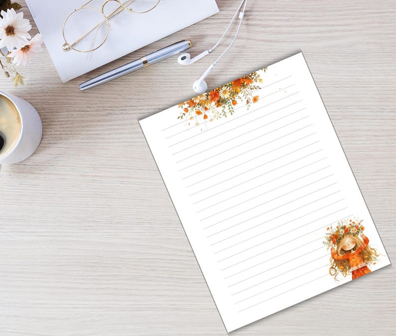 Girl With Flower Printable Stationery-cure Girl Writing Paper Set ...