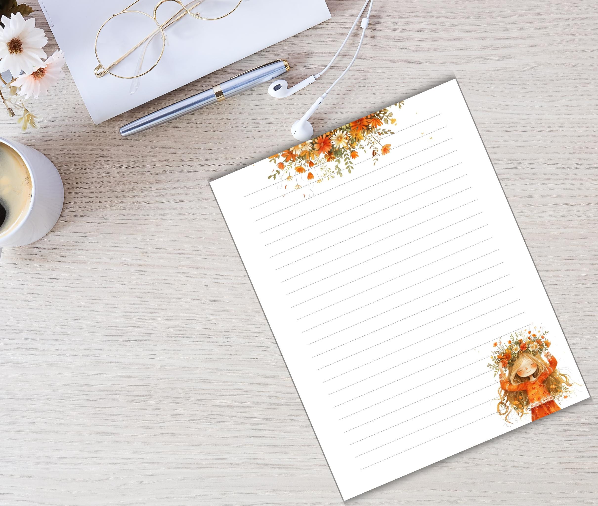 Girl With Flower Printable Stationery-cure Girl Writing Paper Set ...