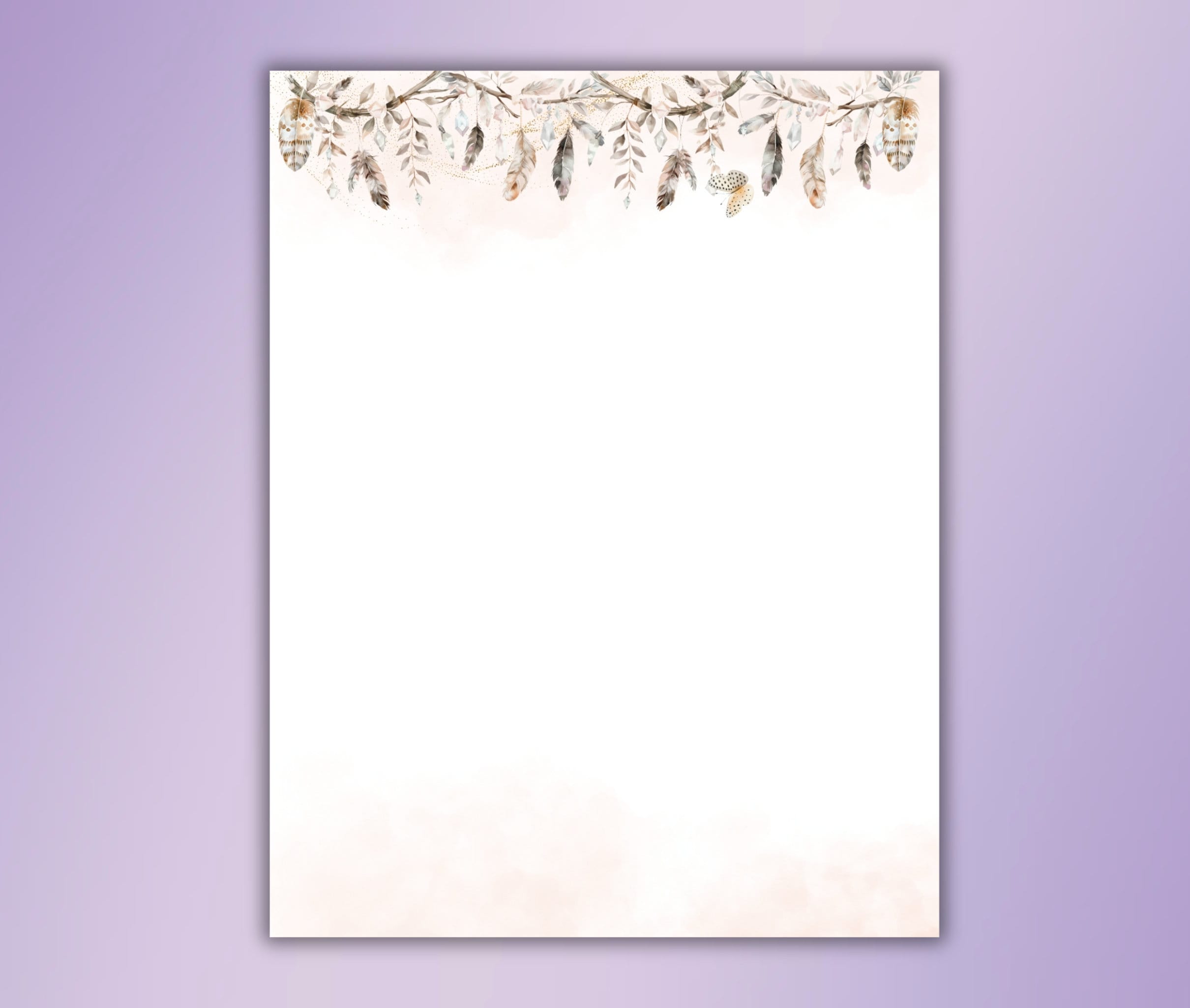 Watercolor Boho Feathers Printable Stationery -watercolor Writing Paper ...