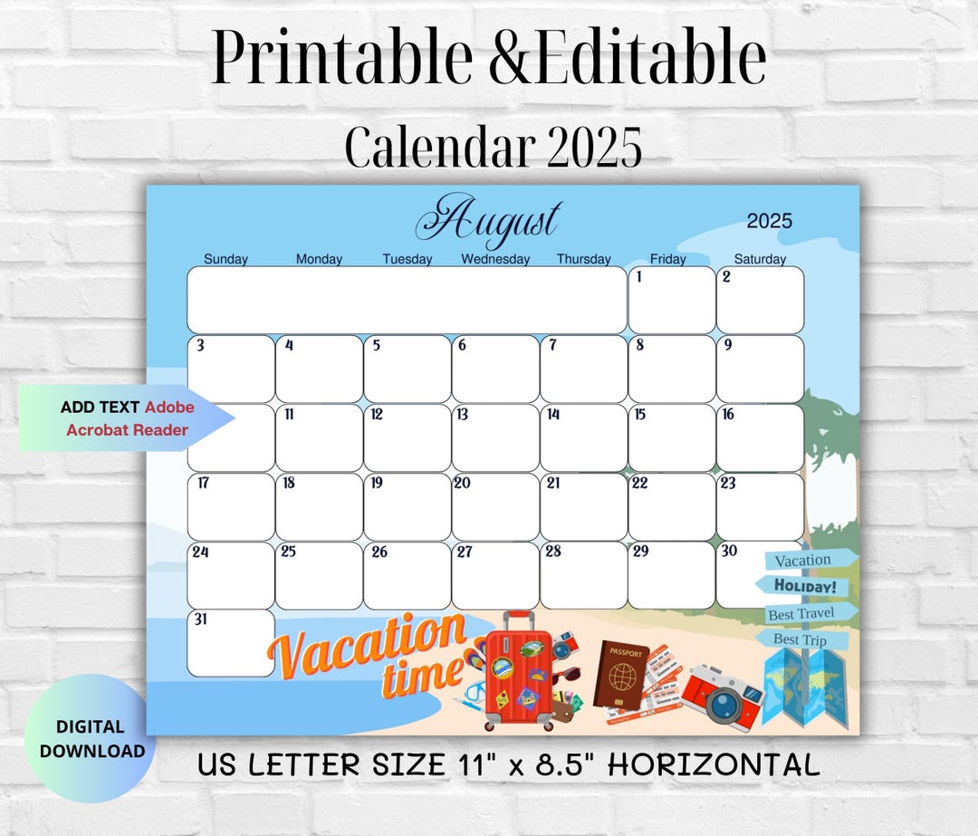 August 2025 Editable Printable Calendar-vacation Planner Printable ...