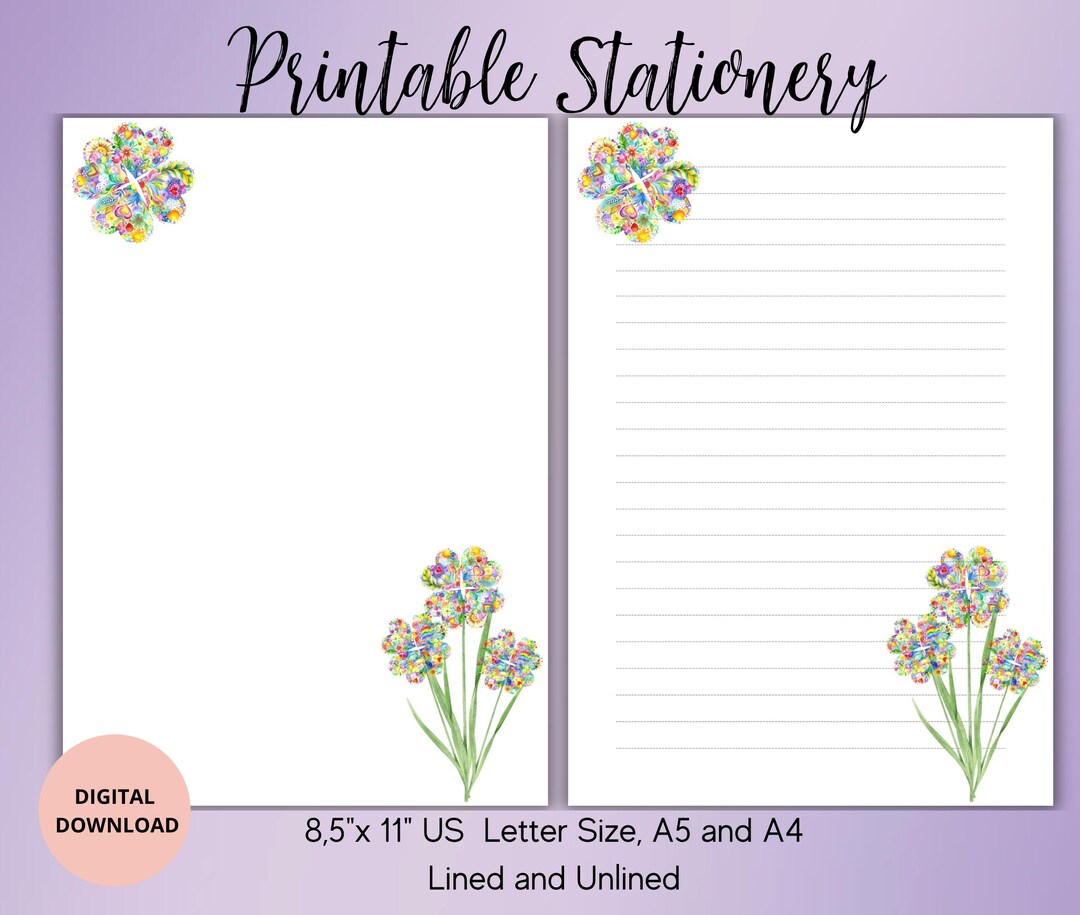 Hearts Flower Printable Stationery-watercolor Printable Writing Paper ...