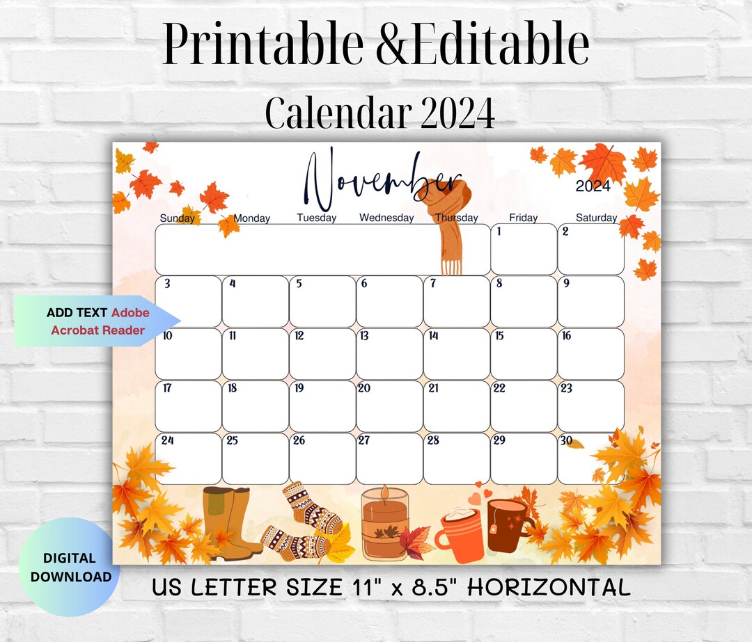 Editable November 2024 Printable Calendar-autumn Monthly Planner ...