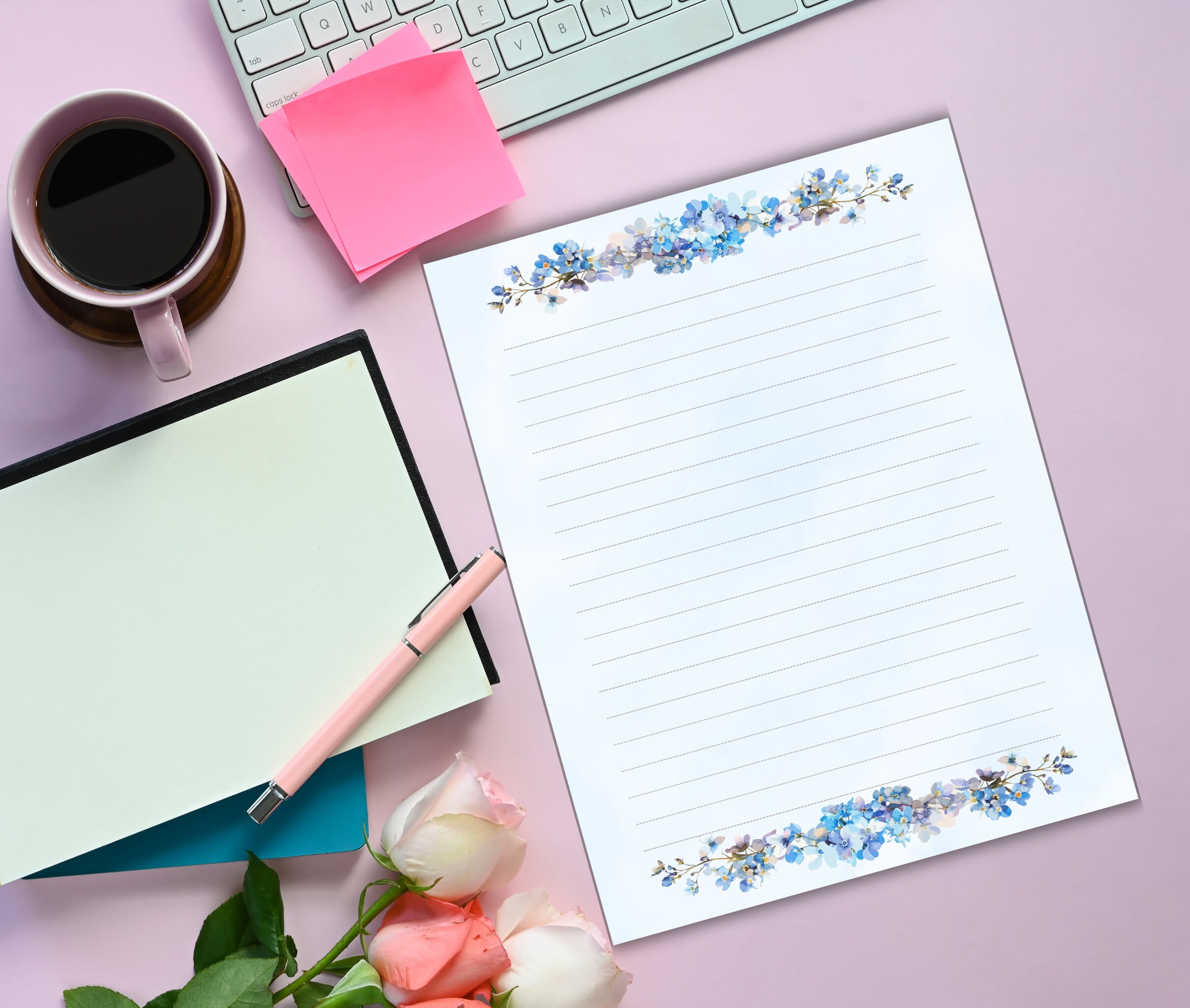 Blue Flower Printable Stationery-watercolor Flower Stationary-digital ...