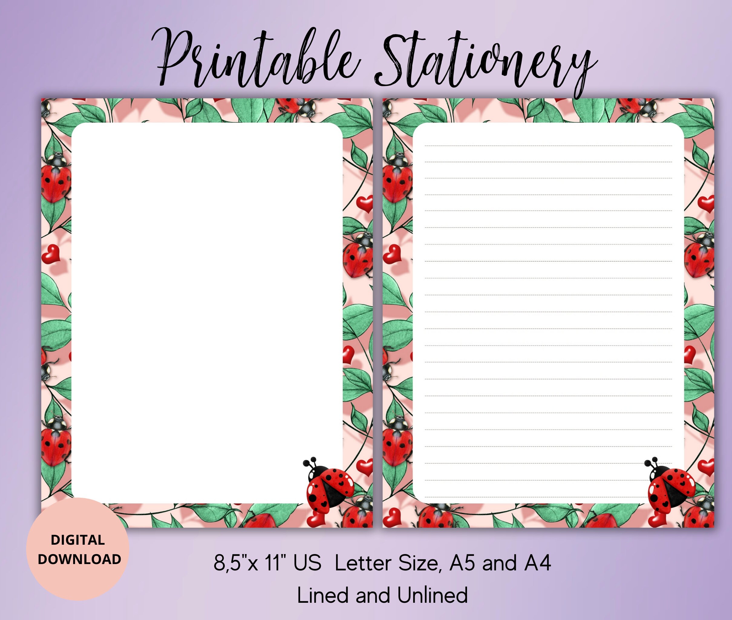 Ladybug Printable Stationery-printable Paper Pack-flower Writing Paper ...