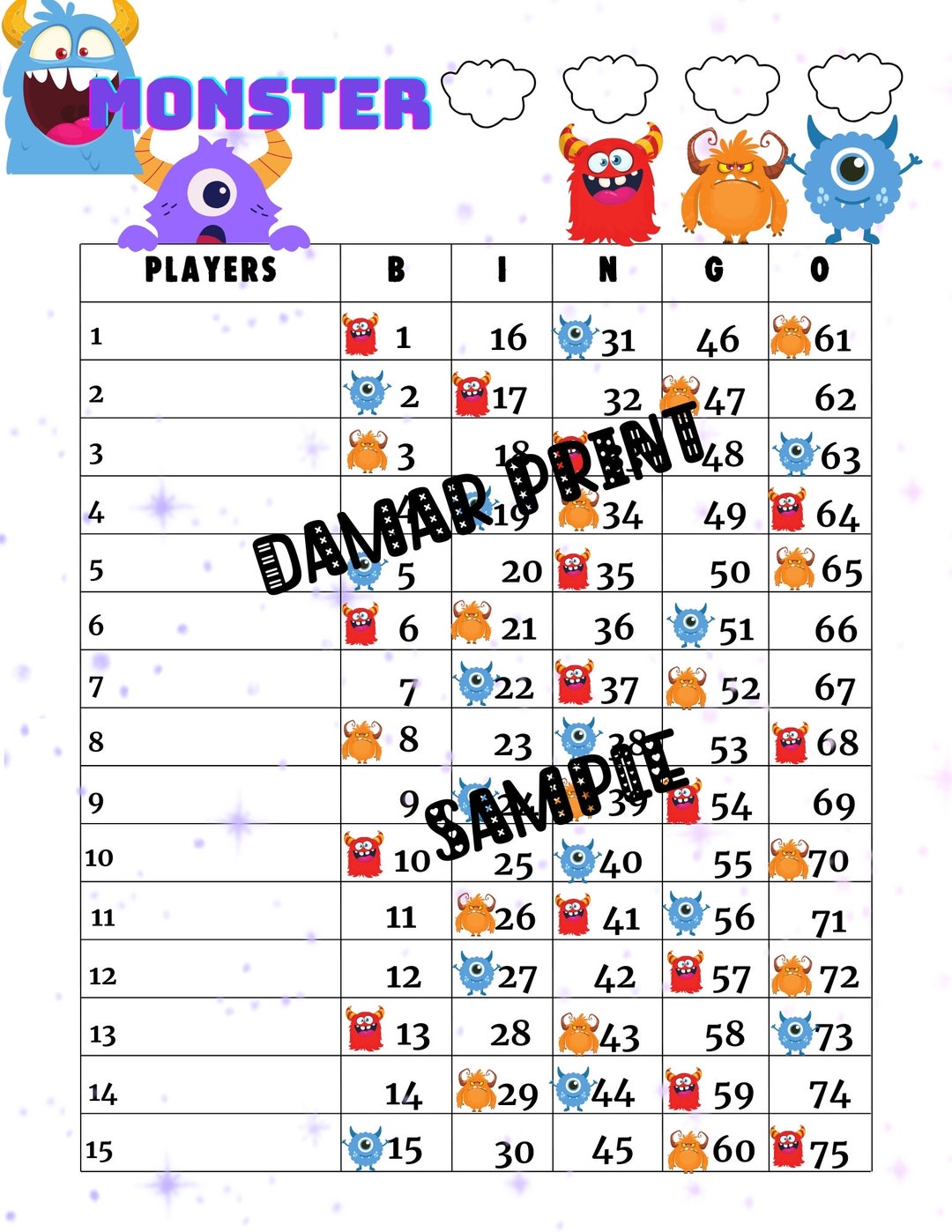 Bingo Boards Printable-bingo Boards 1-15 Lines -monster Bingo ...