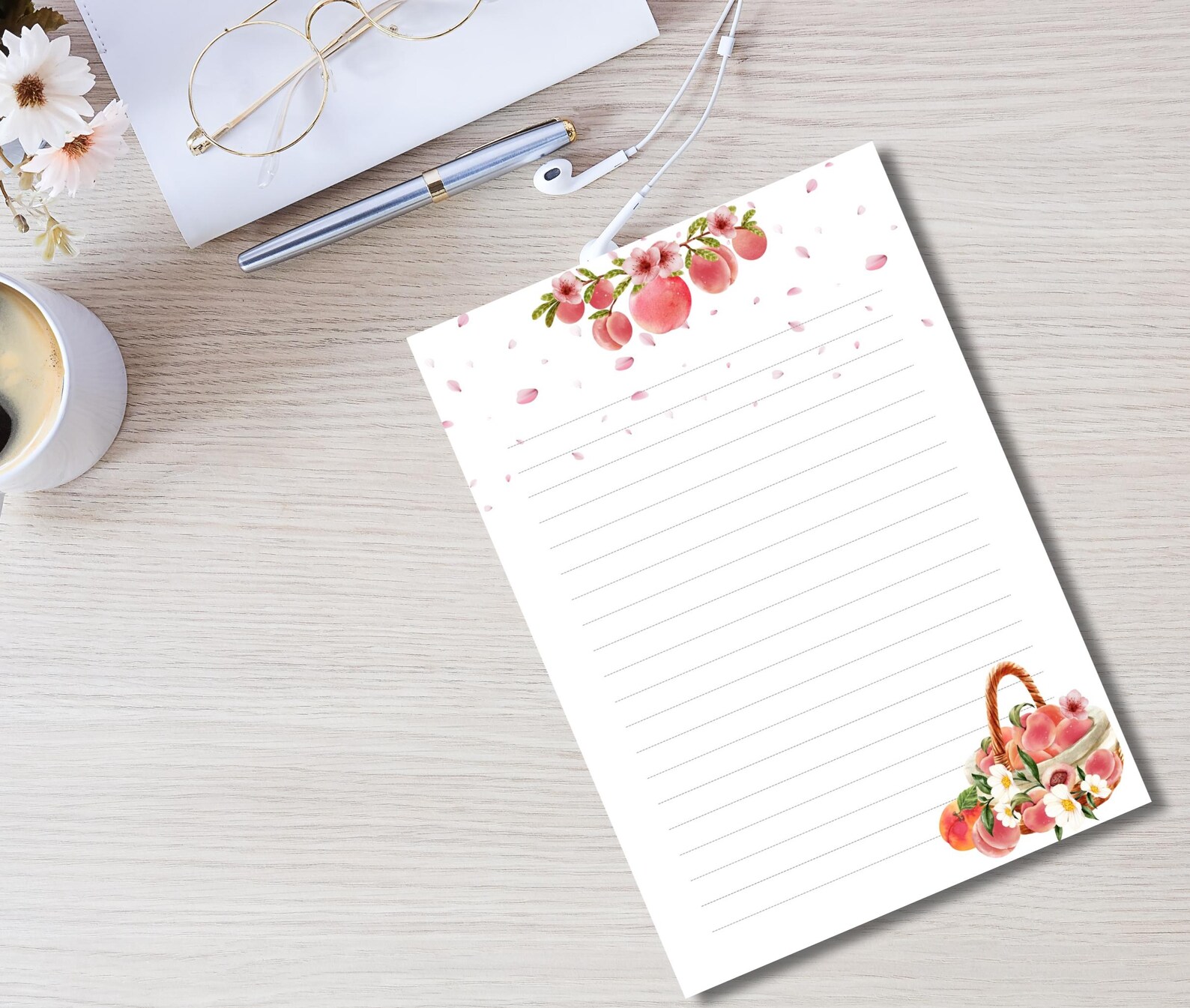 Peach Fruit Printable Stationery-fruit Writing Paper Set Unlined Lined ...